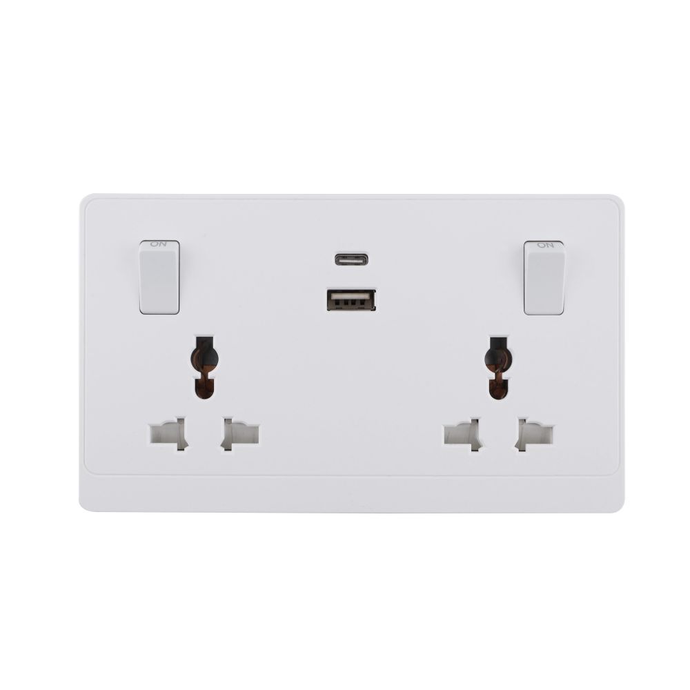 2 Gang Switched Universal Wall Socket with USB TypeA&C Port Outlets 16A 250V~(PC Panel, 4 Colors ...