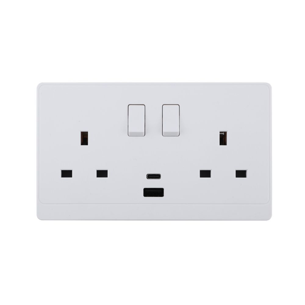 UK/British Standard 2 Gang Switched DP Socket with USB Type A&C Outlets ...