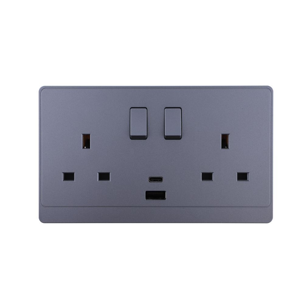 UK/British Standard 2 Gang Switched DP Socket with USB Type A&C Outlets ...