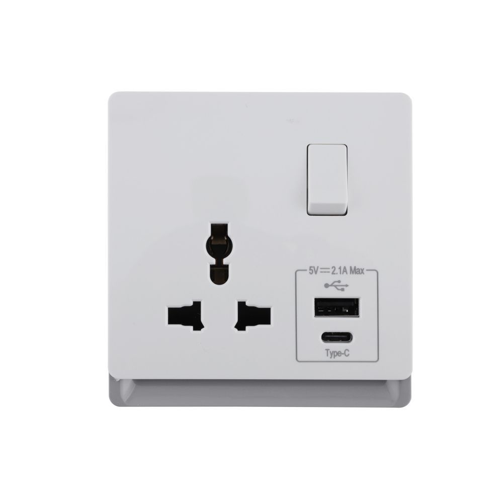 16A 250V~ 1 Gang Universal Switched Socket Electrical Outlet + Type A&C 2.1A USB (PC Panel, 4 ...