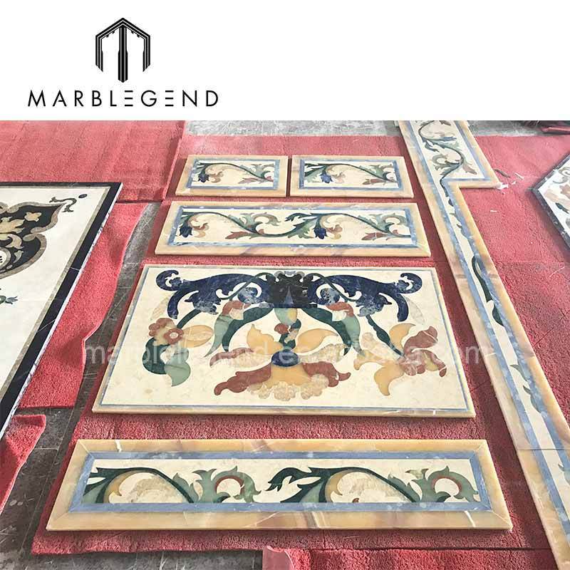 Flower pattern beige marble tile waterjet rectangle square border for ...