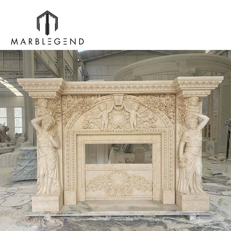 Hand carved classic louis statue beige marble fireplace mantel for ...