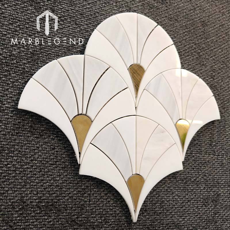 Art Deco Fan Shape Milano White Marble Mosaic Tile with Brass Inlay ...