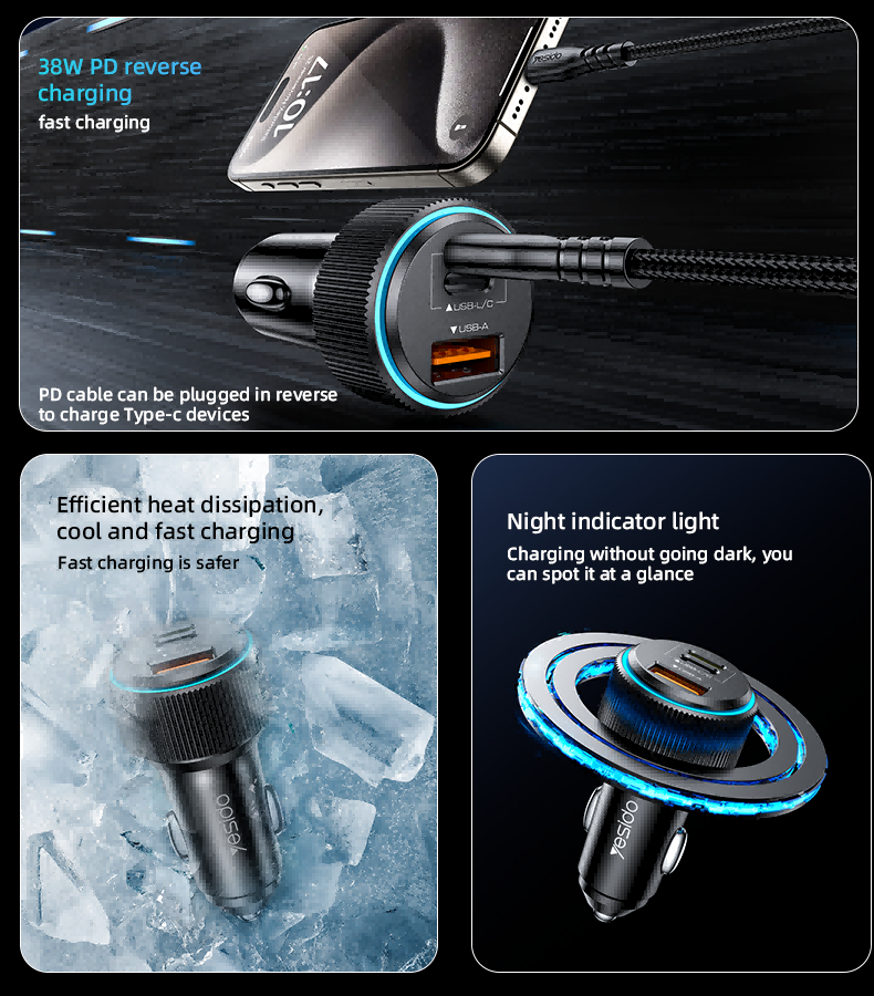 Y60 38W Innovative PD Reverse Charging Built-in TC And IP Cable Dual ...